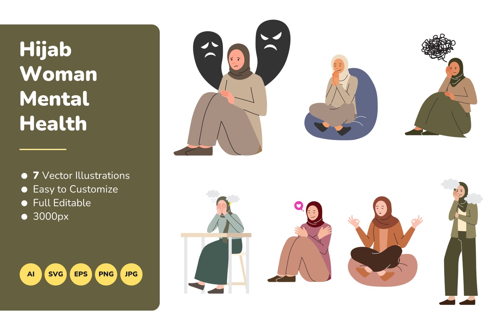 Hijab Woman Mental Health Illustration Pack 7 Free Download People