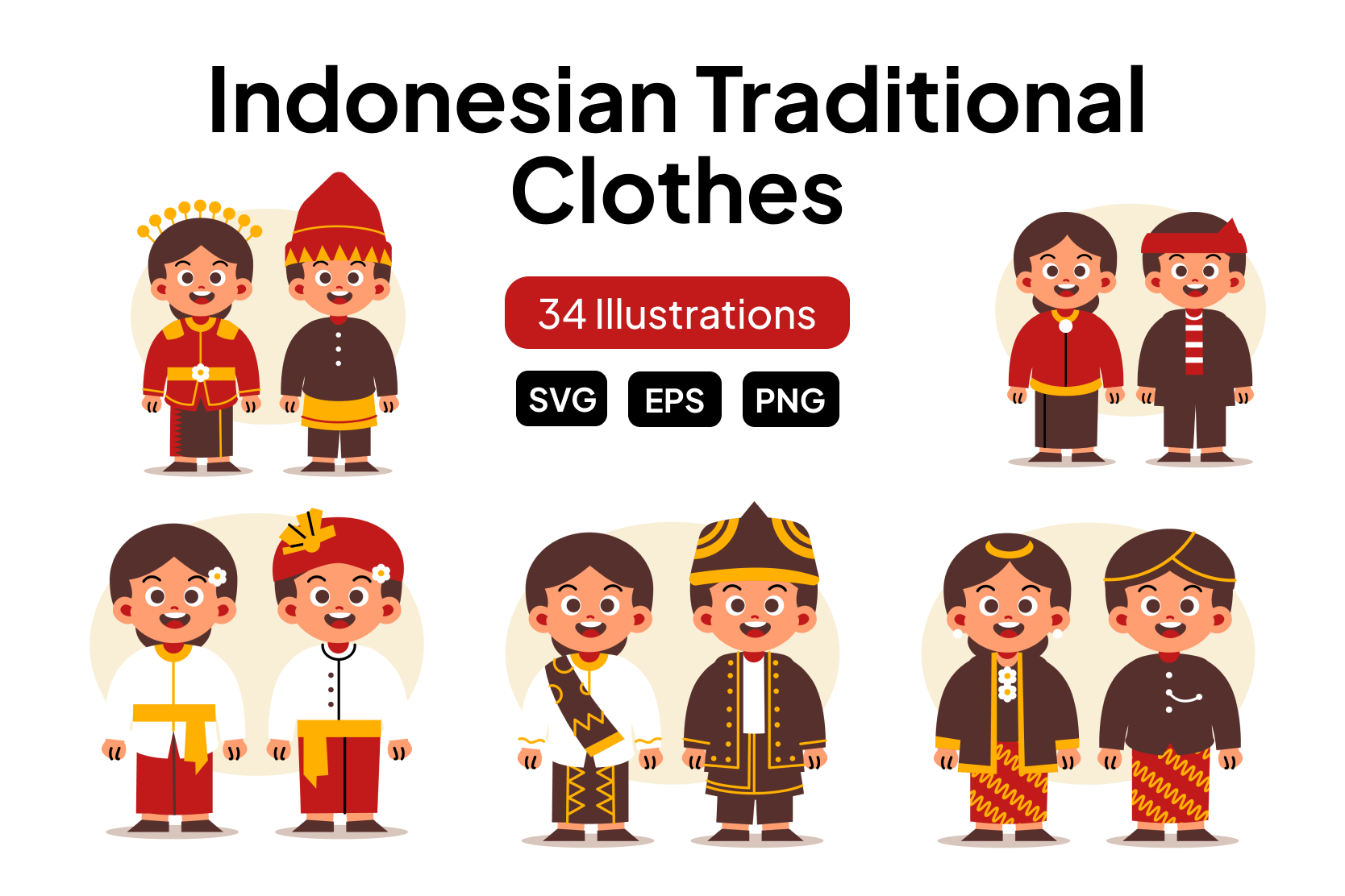 Indonesian Traditional Clothes Illustration Pack - 34 People ...