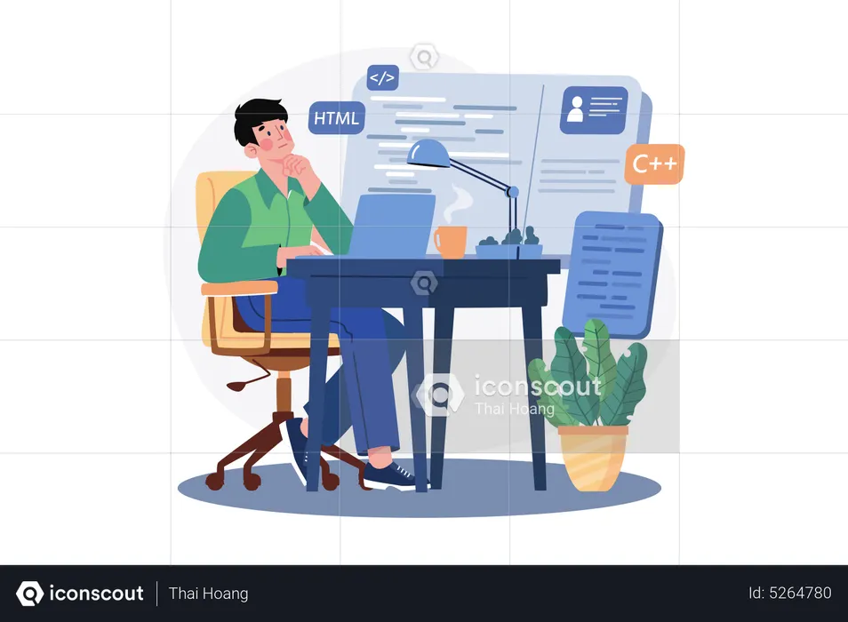 Best A young programmer coding on the laptop Illustration download in PNG & Vector format