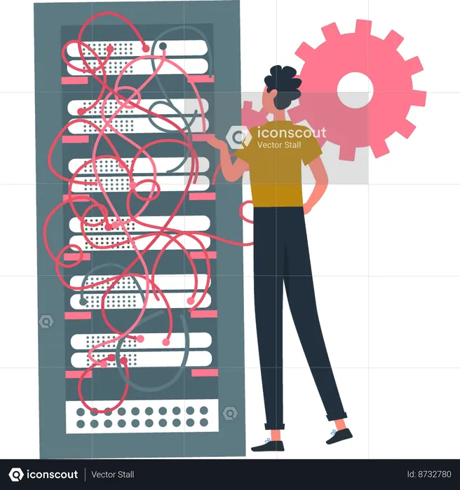 Boy Is Connecting A Database Server With Different Cables Illustration ... Boy Is Connecting A Database Server With Different Cables Illustration ...