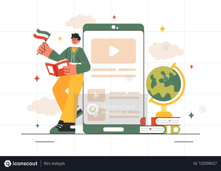 Boy Learning Foreign Language Via Mobile App Illustration - Free ...