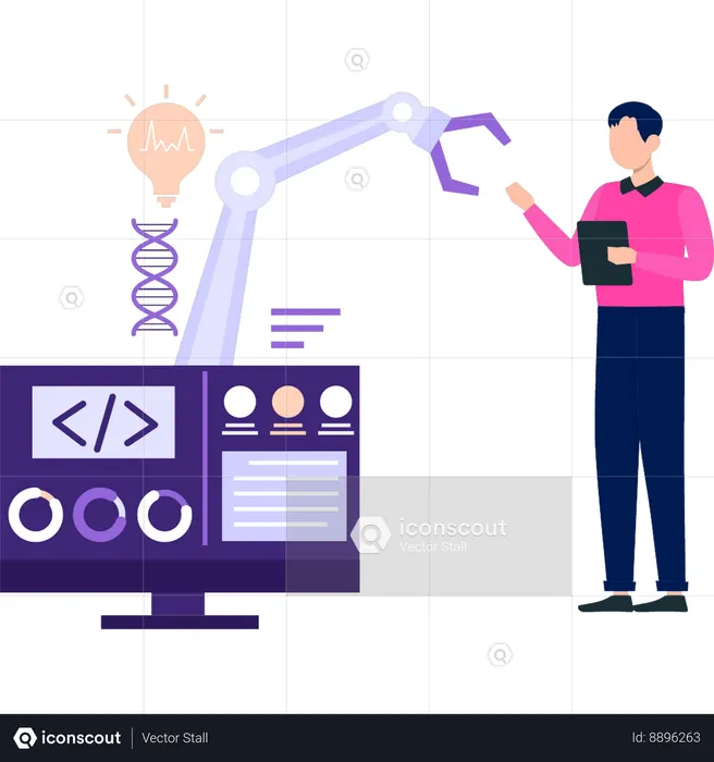 Boy Watching AI Coding On Monitor Illustration - Free Download Science ...