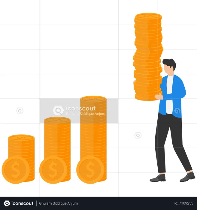 Businessman Investor Holding High Stack Of Dollar Money Coins To Put As Growth Compound Graph