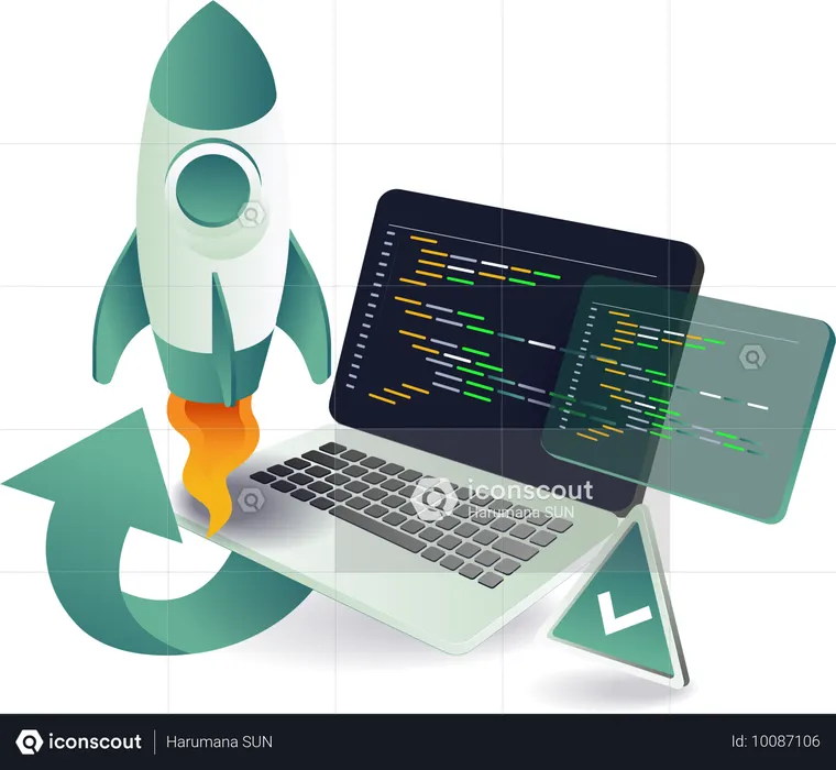 Efficient Programmer Computer With Rocket And Check Mark On Laptop ...