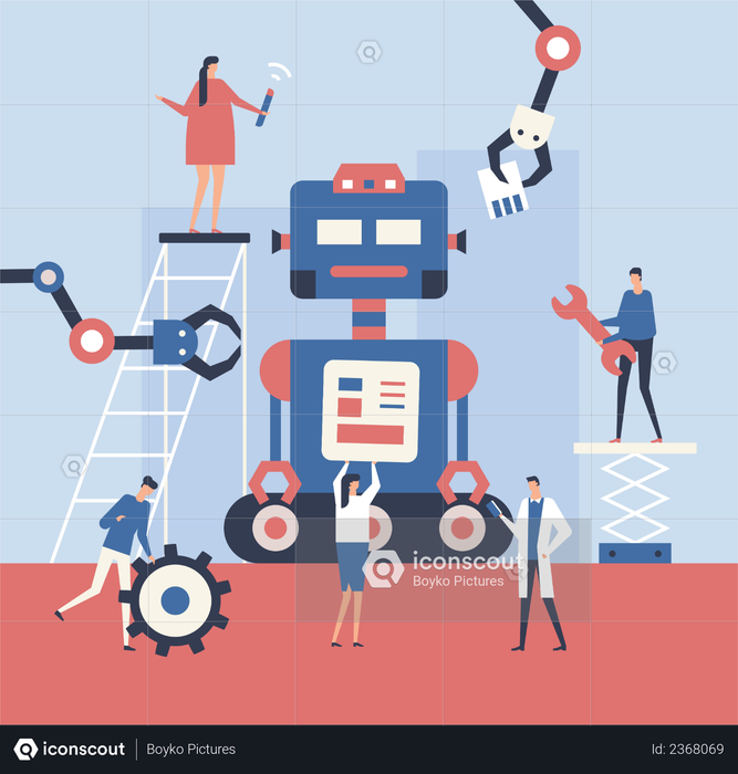 Best Premium Engineers Making robot Illustration download in PNG & Vector format