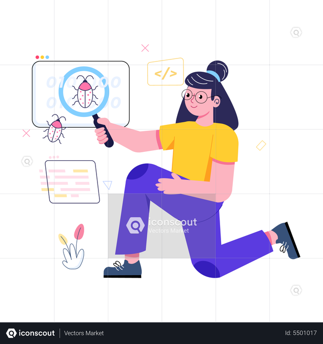 Best Premium Female developer finding bug in website Illustration ... Best Premium Female developer finding bug in website Illustration ...