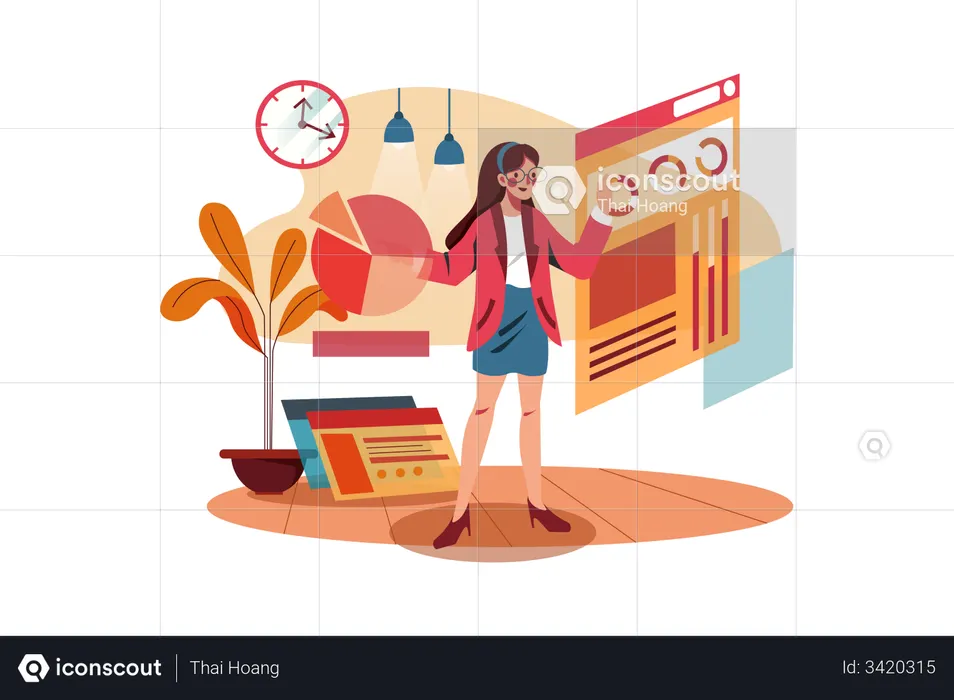 Best Premium Female Employee Doing Data Analysis Illustration Download