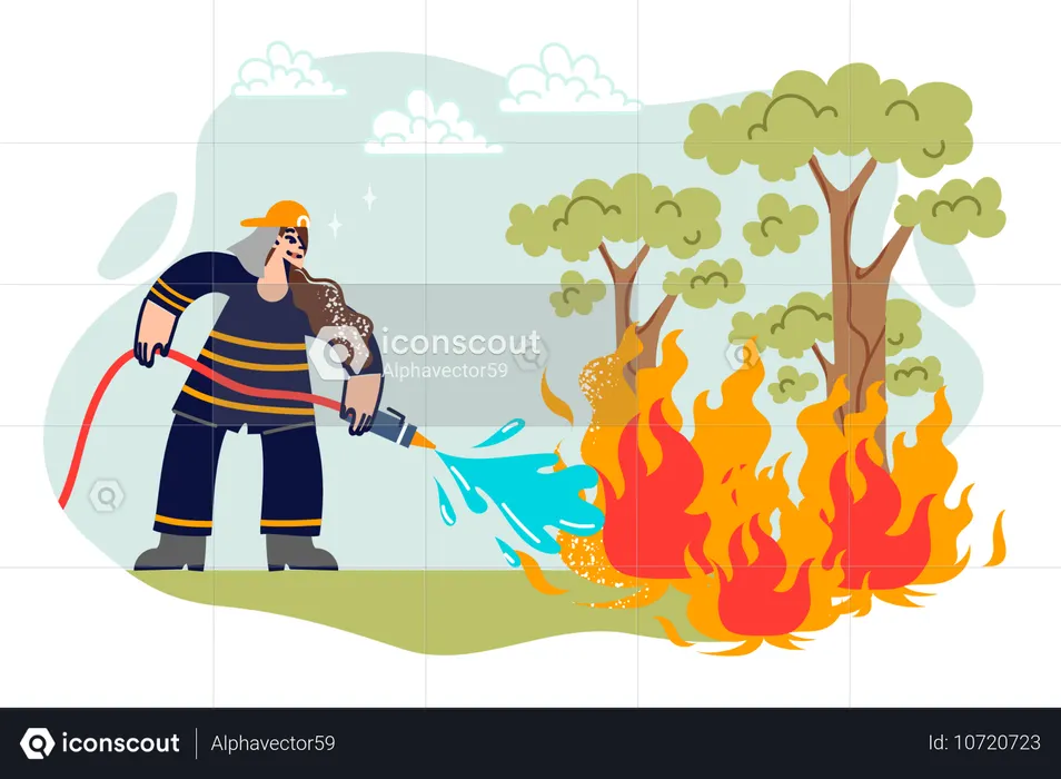 Female Firefighter Extinguishes Burning Trees In Forest Illustration ...