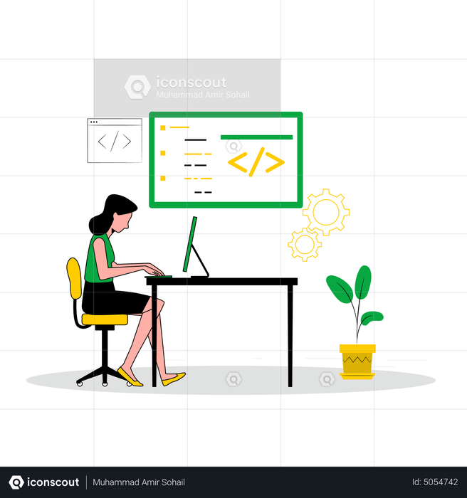 Best Premium Female Web Developer Work While Sitting On Desk