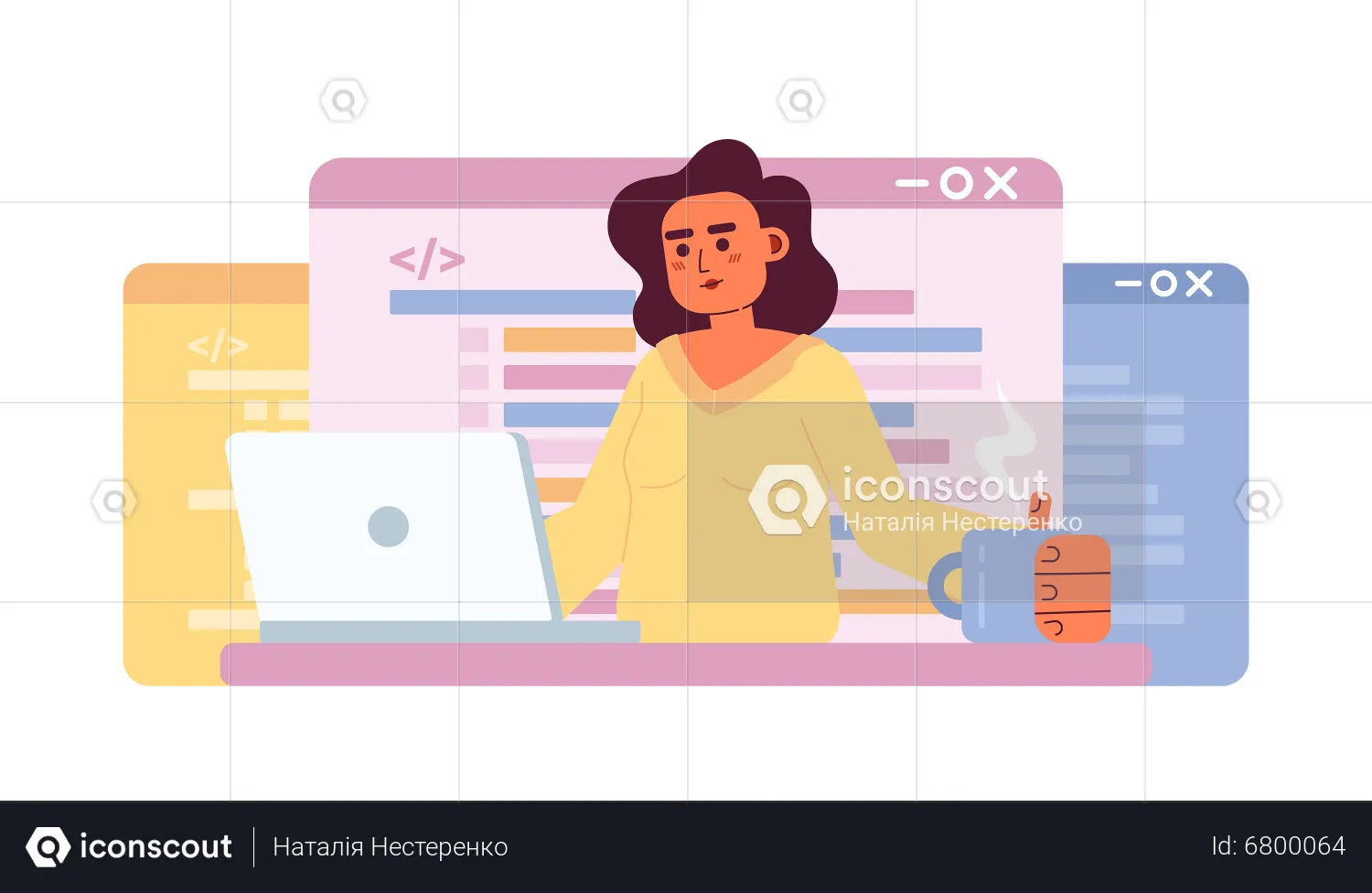 Best Female web developer working at office Illustration download in PNG & Vector format