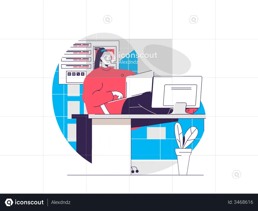 Best Female Web Developer Working In Office Illustration Download In