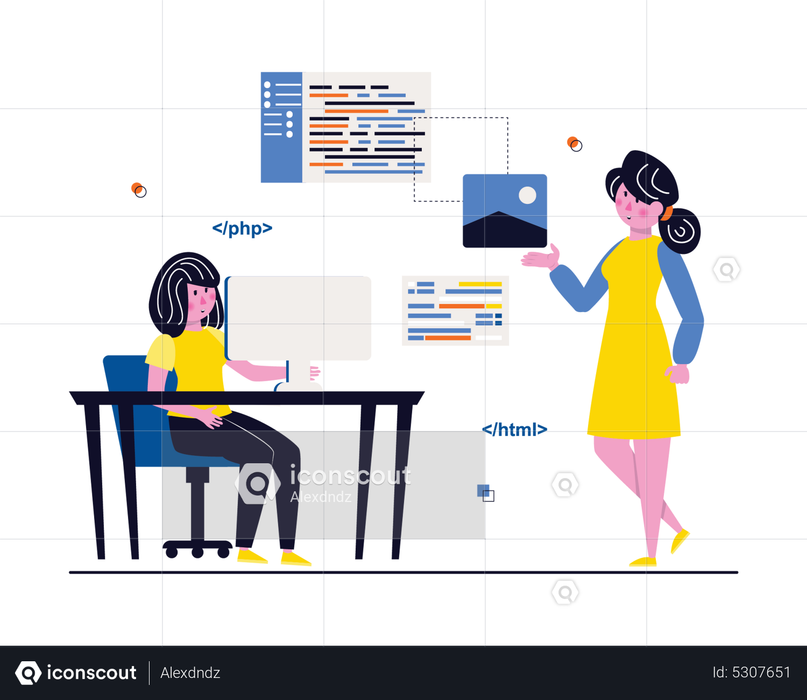 Best Premium Female Web Developer Working Together Illustration