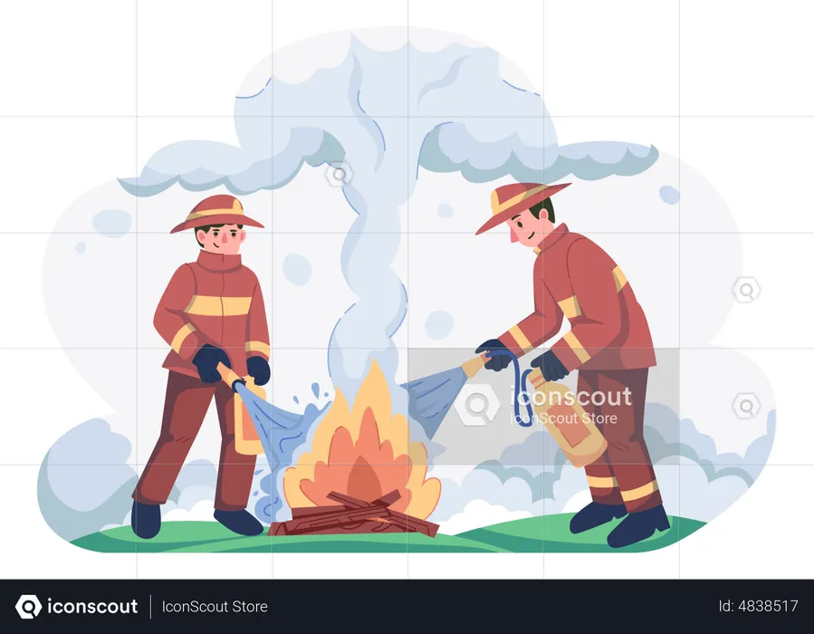 Firefighters Extinguishing Fire Using Fire Extinguisher Illustration ...