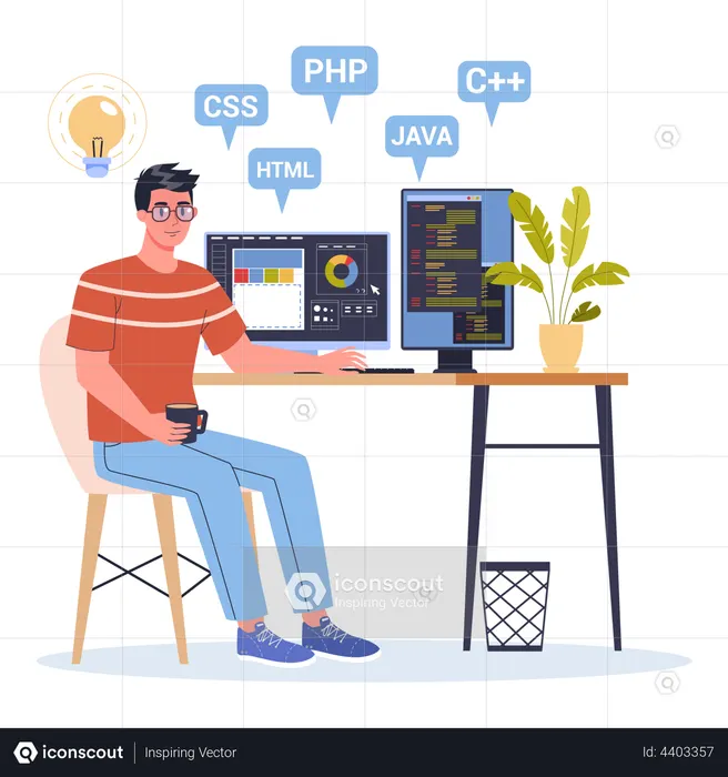 Best Full stack developer doing programming Illustration download in ...