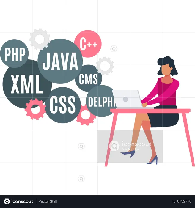 Girl Is Working On Different Coding Languages Illustration - Free ... Girl Is Working On Different Coding Languages Illustration - Free ...