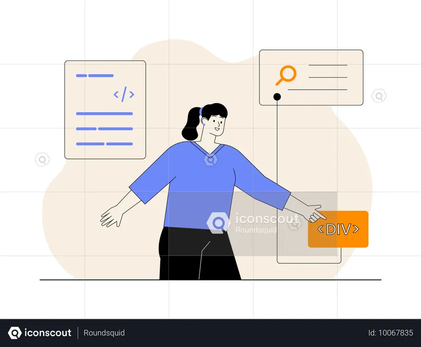 Girl Showing Code Div Illustration - Free Download Design & Development Illustrations | IconScout