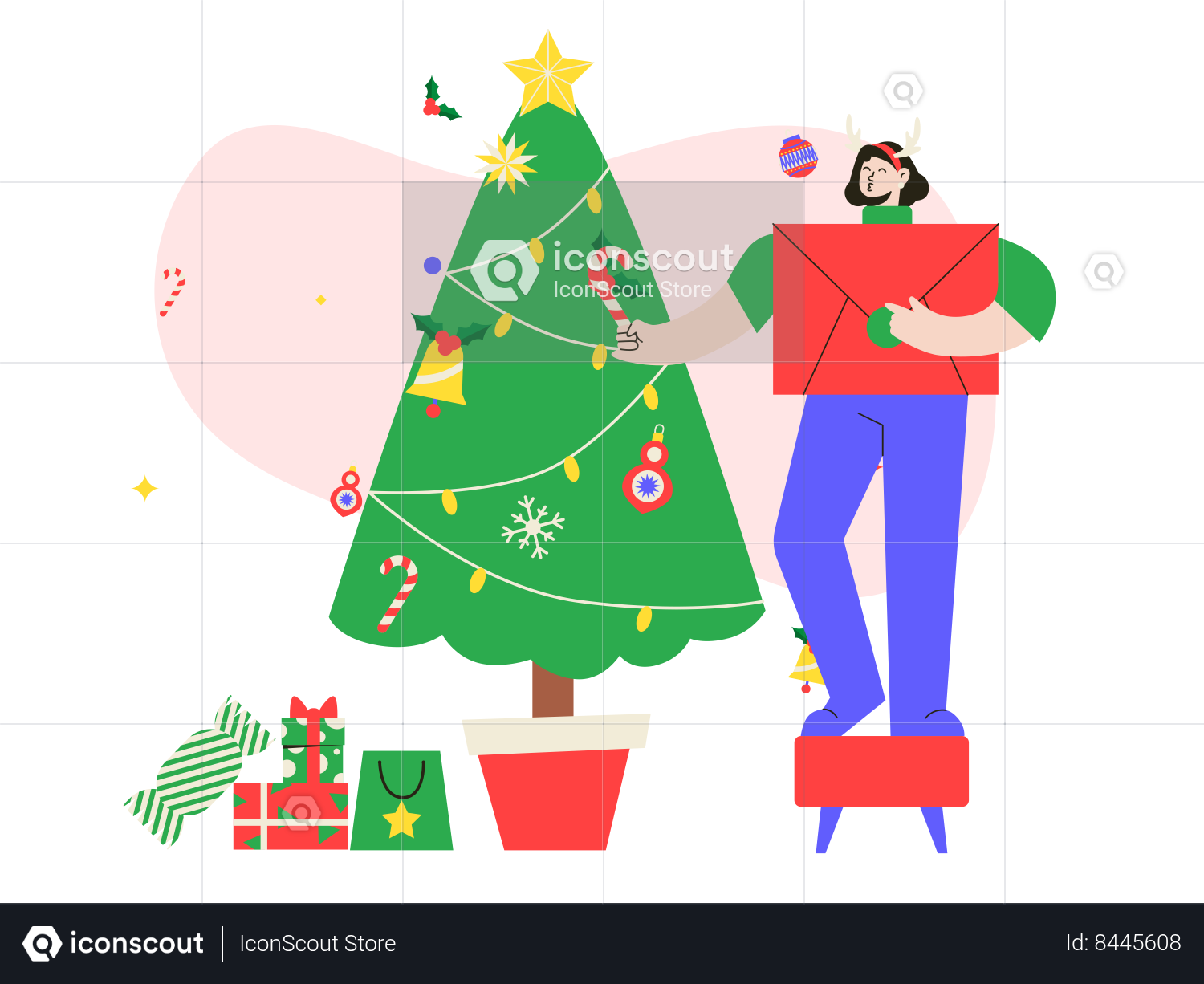 Girl Wearing Christmas Costume Decorating Christmas Tree Illustration Kit Editor Easily