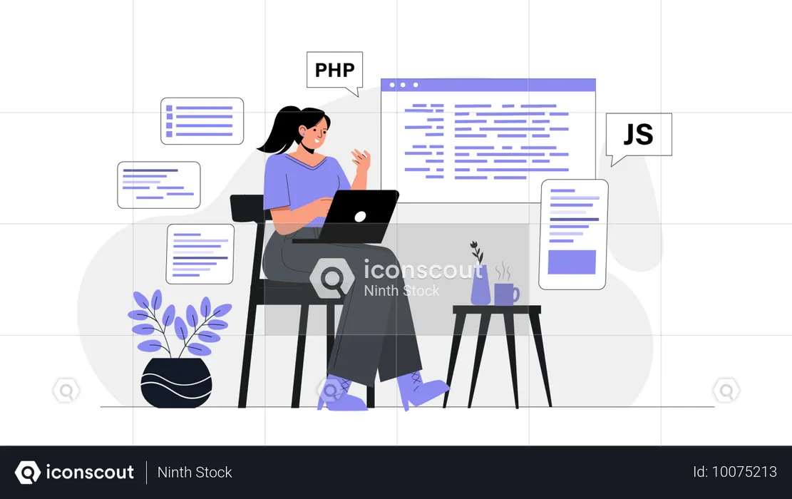 Girl Working On Website Coding Illustration - Free Download Design & Development Illustrations ...