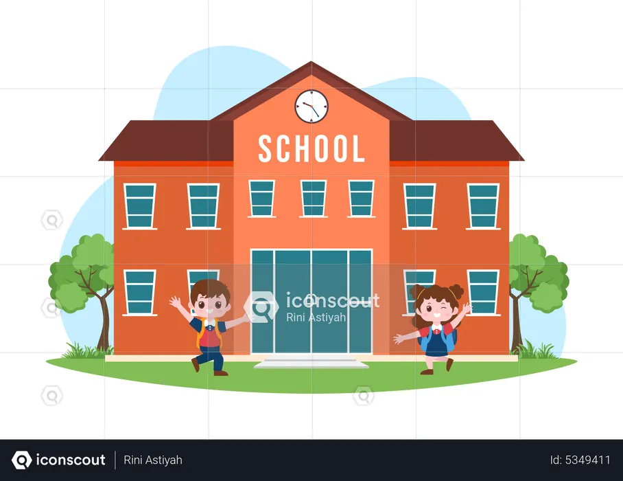 Kids Going To School Illustration - Free Download Buildings ...