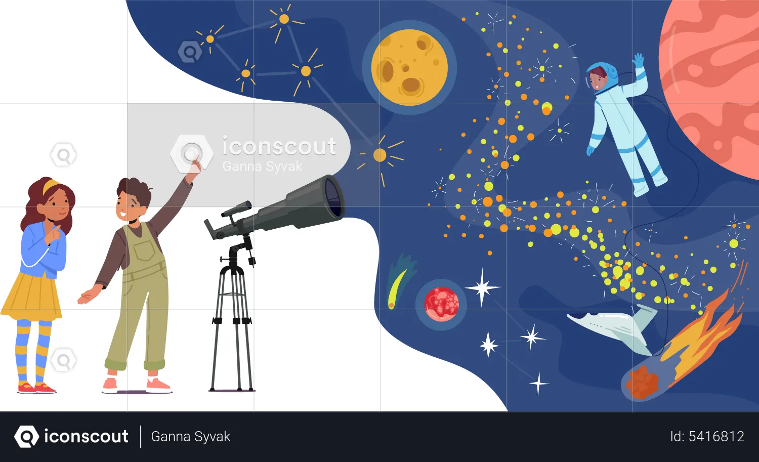 Kids Observe Outer Space World Using Telescope Illustration - People ...