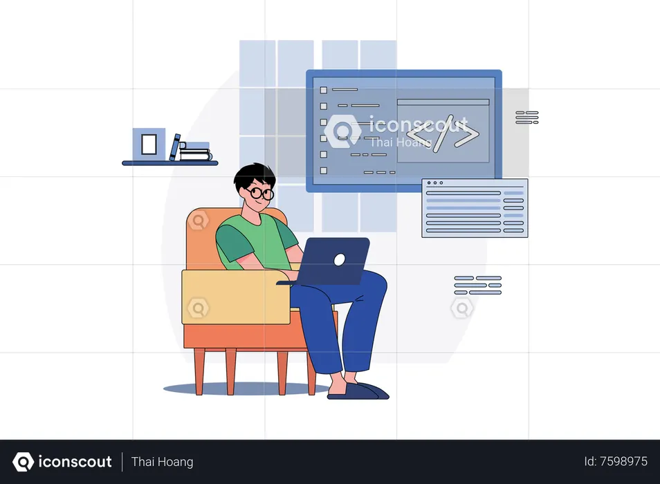 Best Male Programmer Thinking New Code Illustration download in PNG & Vector format