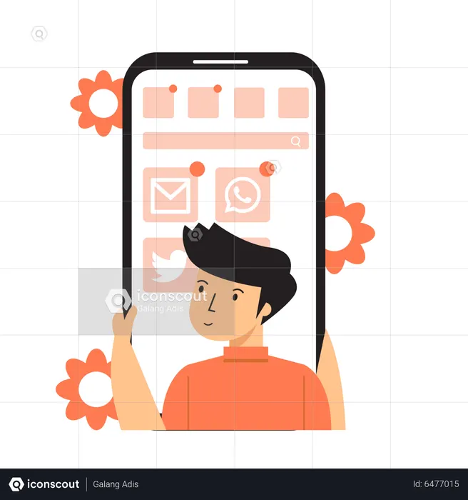 Man Scrolling Social Media Apps Illustration - Free Download Network & Communication ...