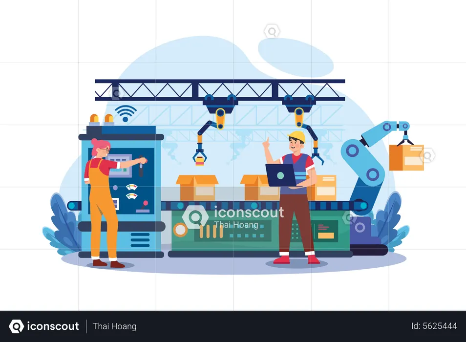 Best People Working In Robotic Production Line Illustration Download In