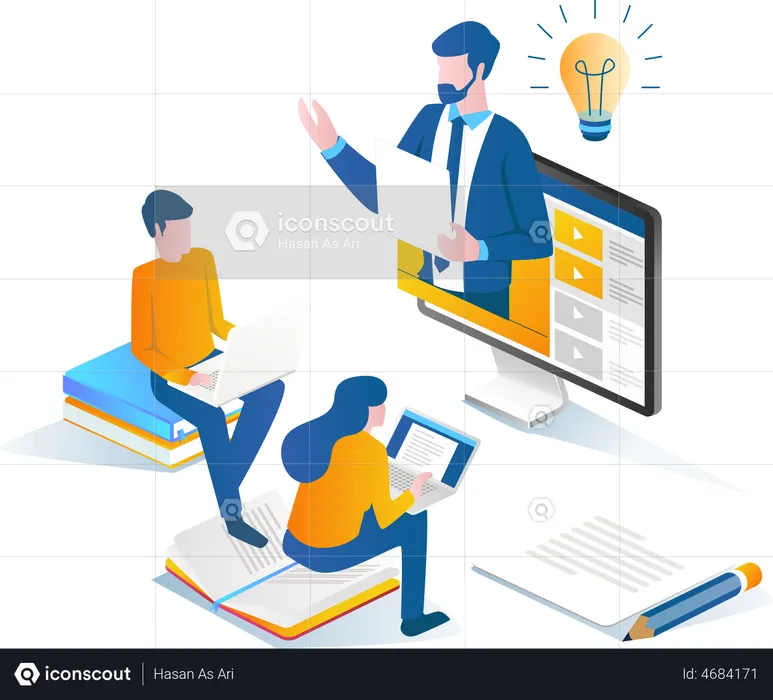 Best Students studying on a computer video tutorial Illustration ...