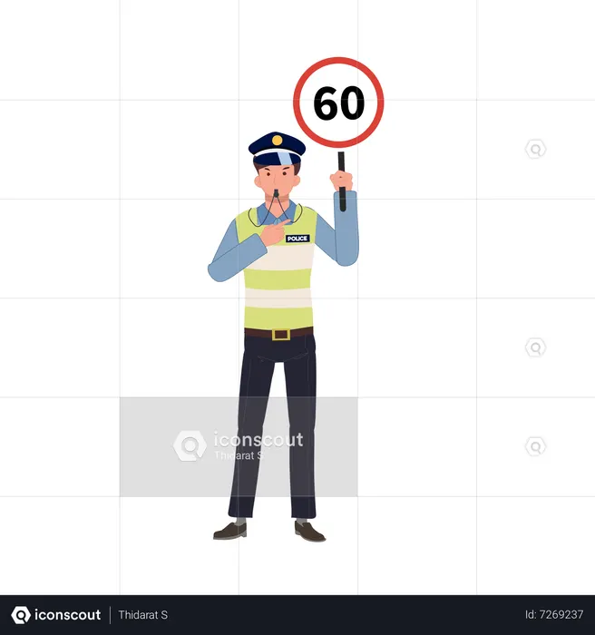 Traffic Police Is Blowing Whistle Holding Speed Limit Sign Illustration ... Traffic Police Is Blowing Whistle Holding Speed Limit Sign Illustration ...