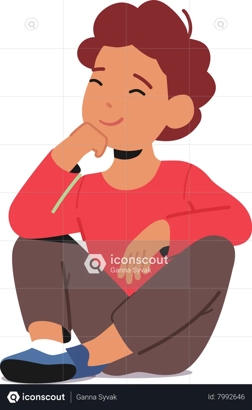 Best Young Boy Character Sitting On The Floor Illustration download in PNG & Vector format