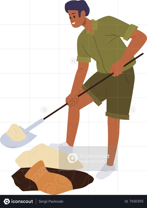 Young Man Archeologist Character Digging Hole In Soil And Finding ... Young Man Archeologist Character Digging Hole In Soil And Finding ...