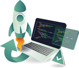 Efficient Programmer Computer With Rocket And Check Mark On Laptop ...