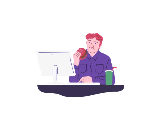 Man Eating Burger While Using Computer Illustration - Free Download ...